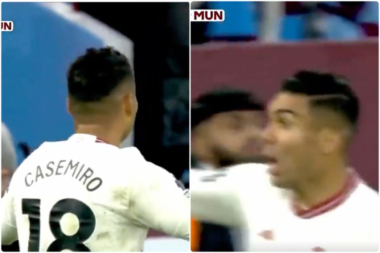 (Video) Casemiro reacts to ridiculous booking after blatant Matty Cash dive